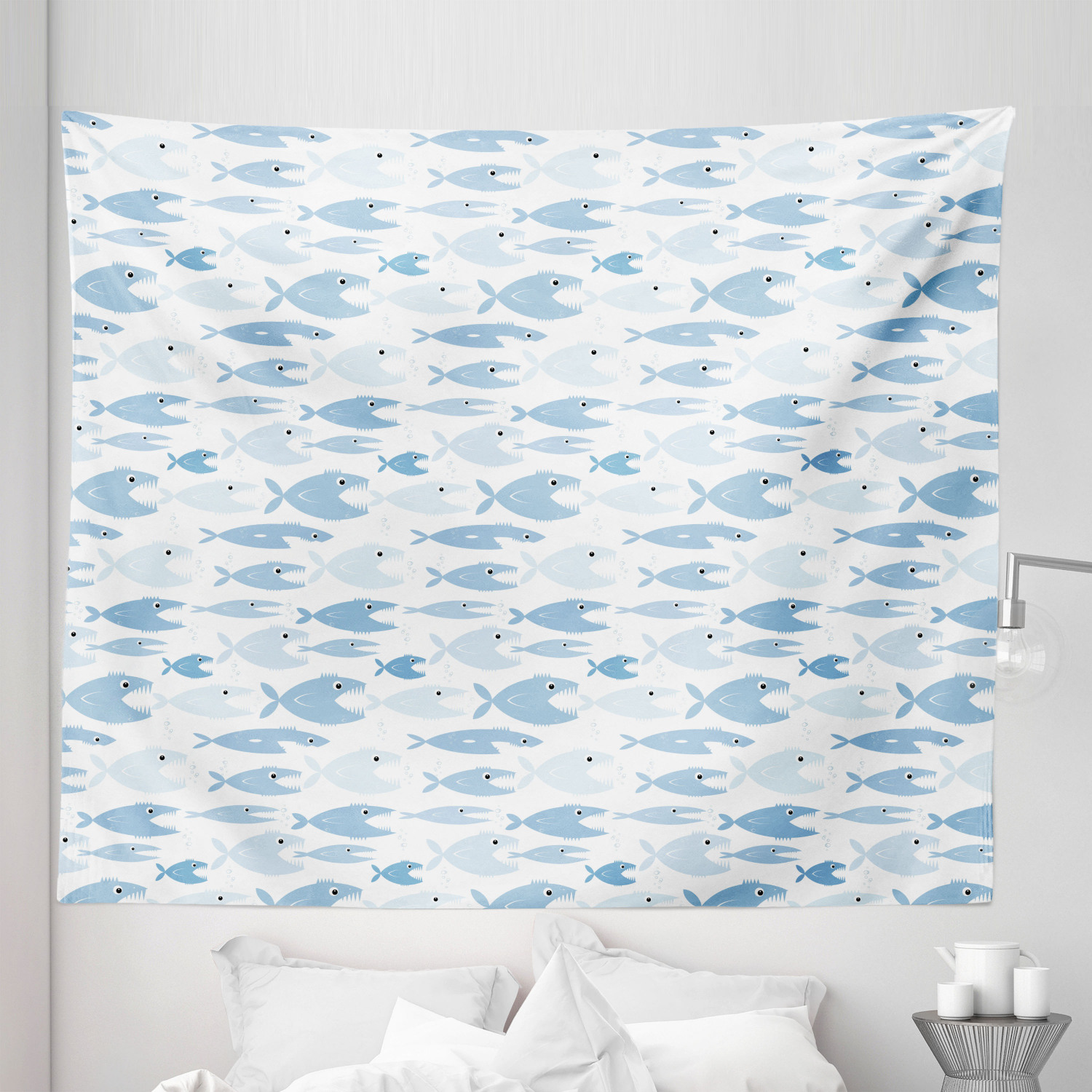 Fish Tapestry, Aquatic Fauna with Sharp Teeth Cartoon Nature ...