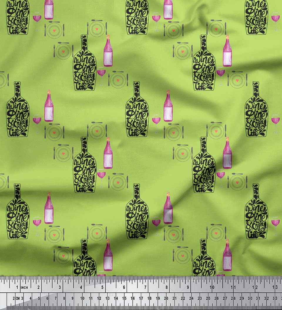 Soimoi Green Rayon Fabric Bottle & Crockery Kitchen Print Fabric by The ...