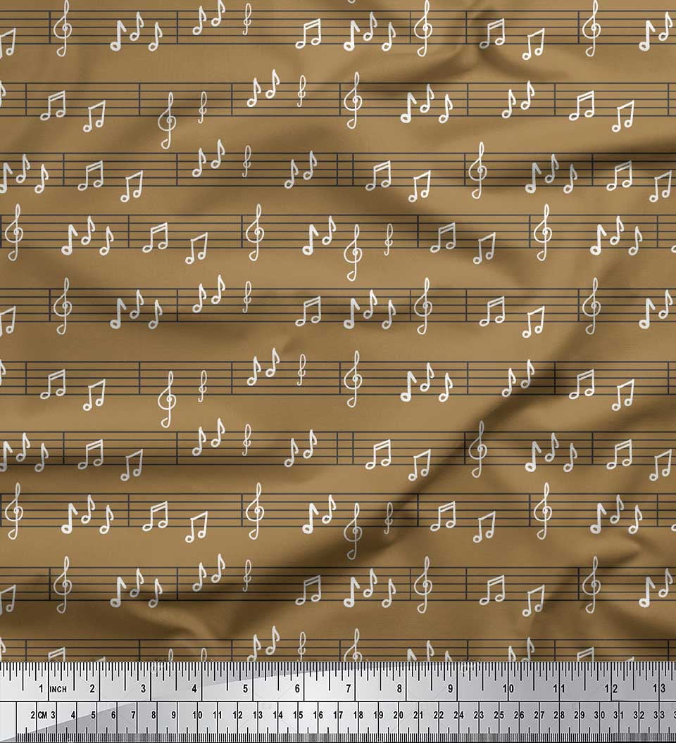 Soimoi Brown polyester Crepe Fabric Notes Musical Instrument Print ...