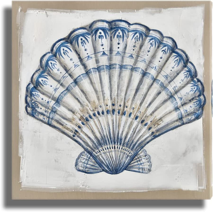 Sea Shell Canvas Coastal Wall Art Blue Beach Scene with Sea Life on The ...