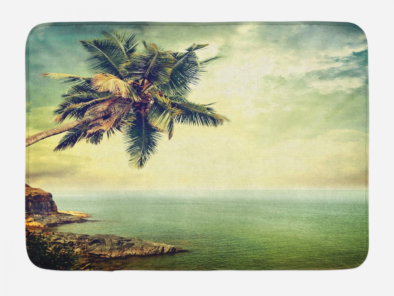 Hawaiian Bath Mat, Palm Tree Rocky Shore Caribbean Mist Traveling ...