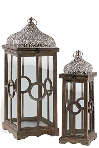 Urban Trends UTC40756 Wood Square Lantern with Silver Pierced Metal Top ...