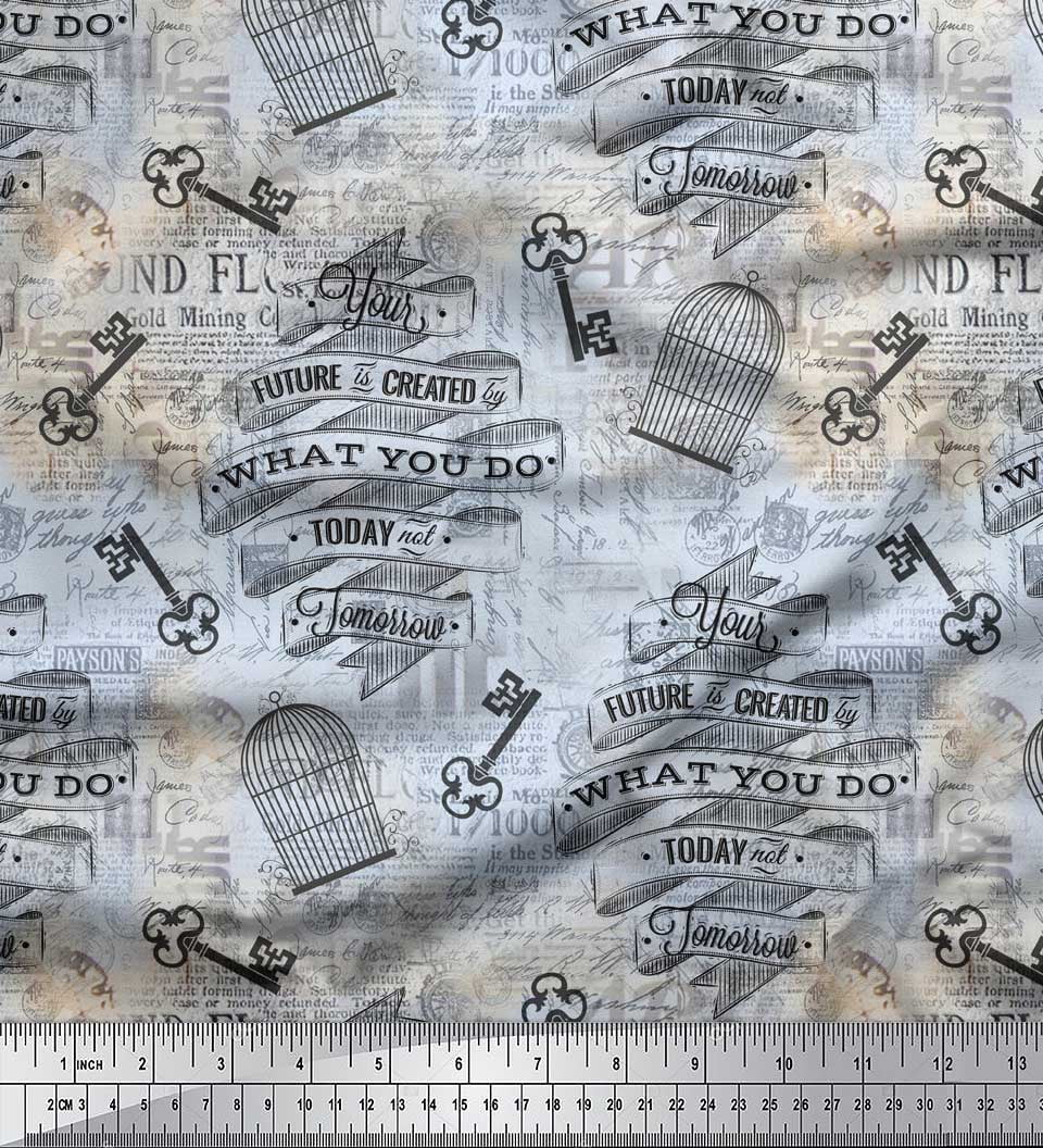 Soimoi Blue Japan Crepe Satin Fabric Cage & Text Printed Craft Fabric ...