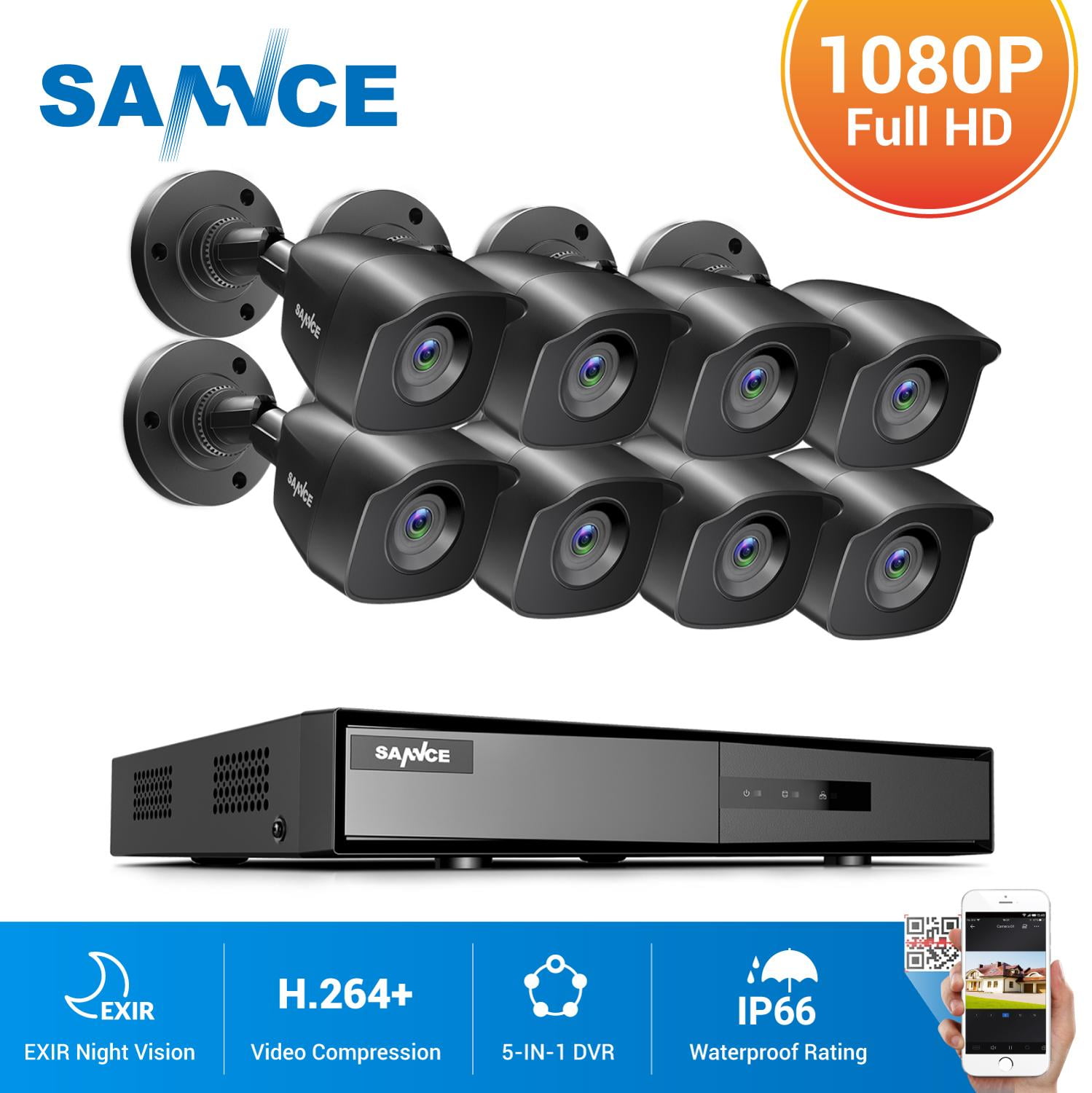 SANNCE 8CH DVR CCTV System 8PCS 2MP IP66 Waterproof Outdoor Security ...