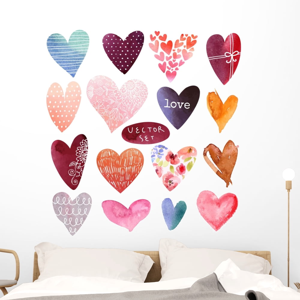 Watercolor Hearts Wall Decal Sticker Set Wallmonkeys Peel and Stick ...