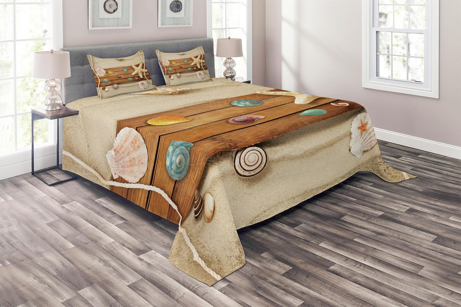 Ambesonne Beach Quilted Coverlet 3 Pcs, Rustic Board Seashells, Queen ...
