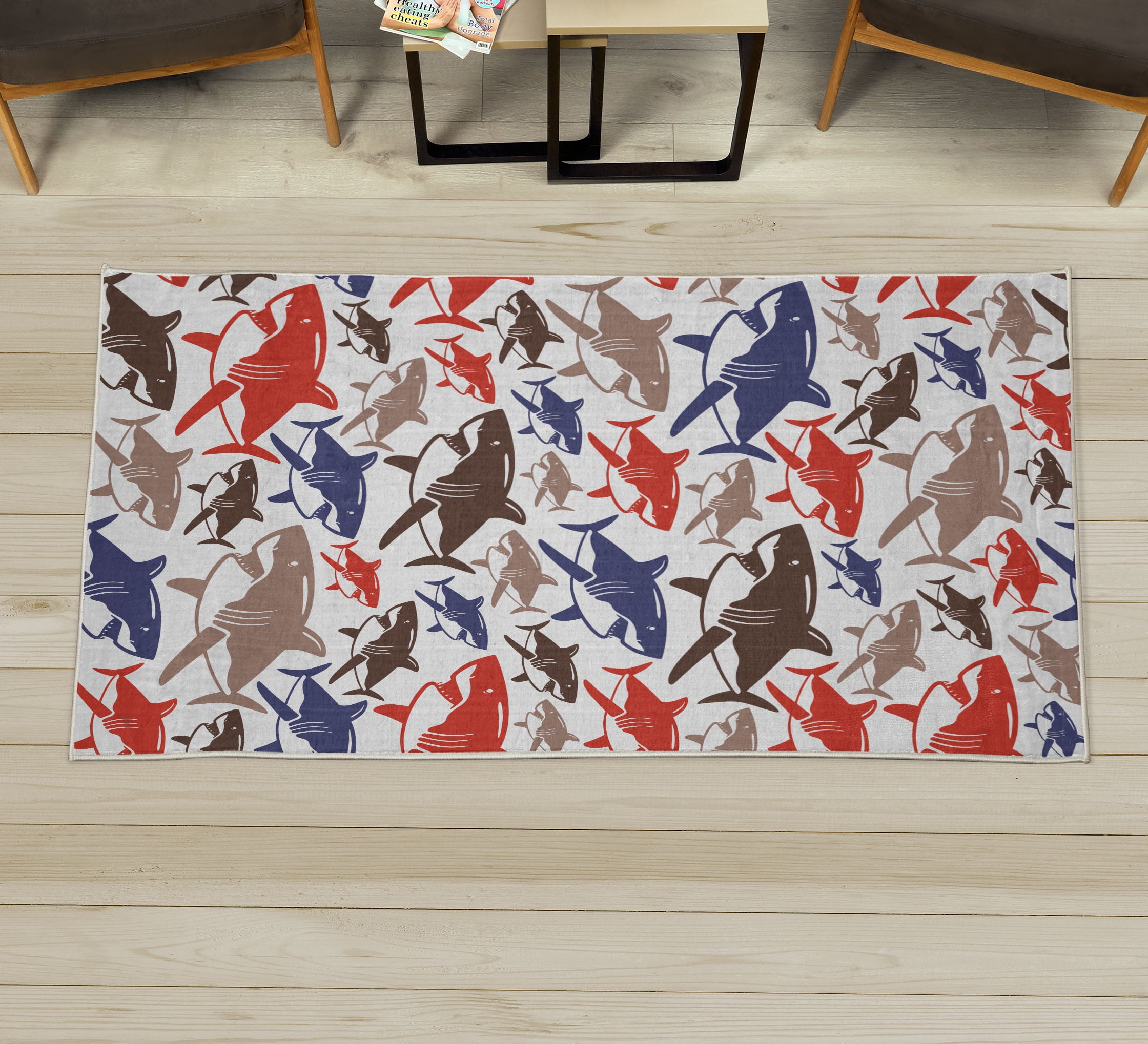 Shark Decorative Rug, Colorful Underwater Fish Pattern Masters Survival ...