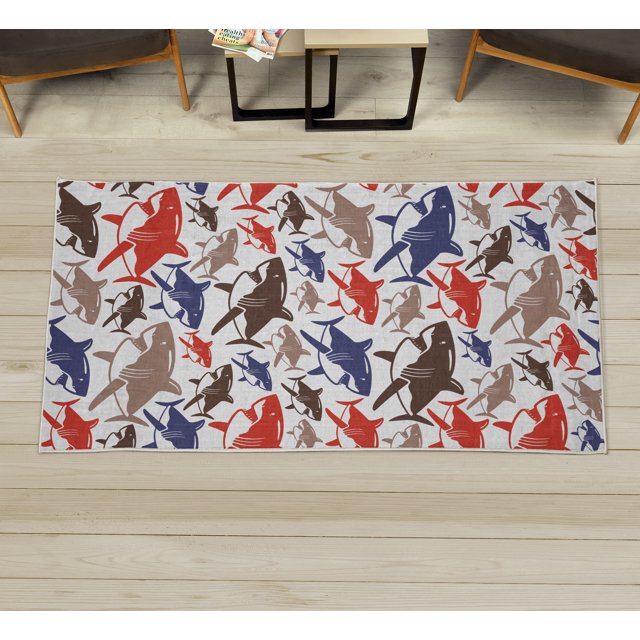 Shark Decorative Rug, Colorful Underwater Fish Pattern Masters Survival ...