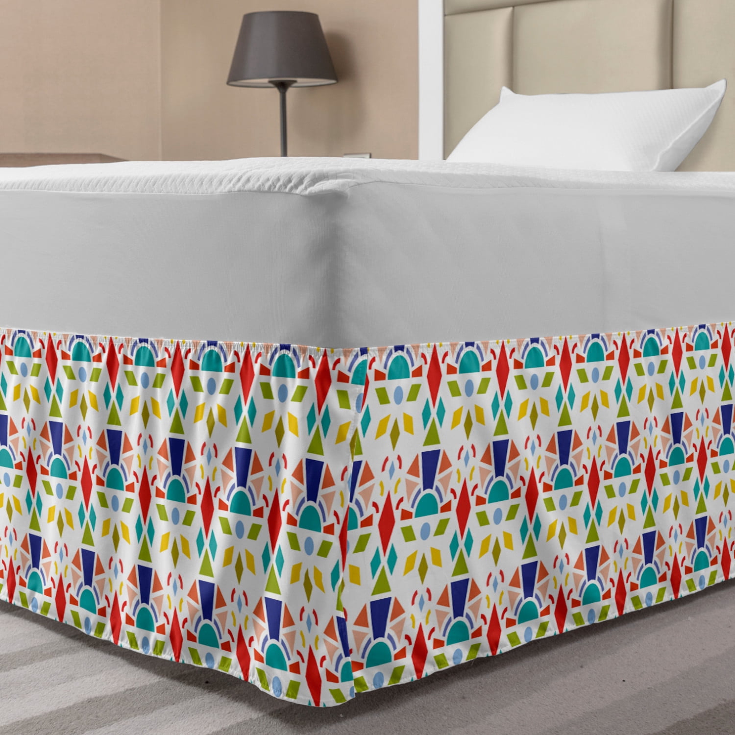 Colorful Bed Skirt, Abstract Geometric Shapes with Rhombus and ...