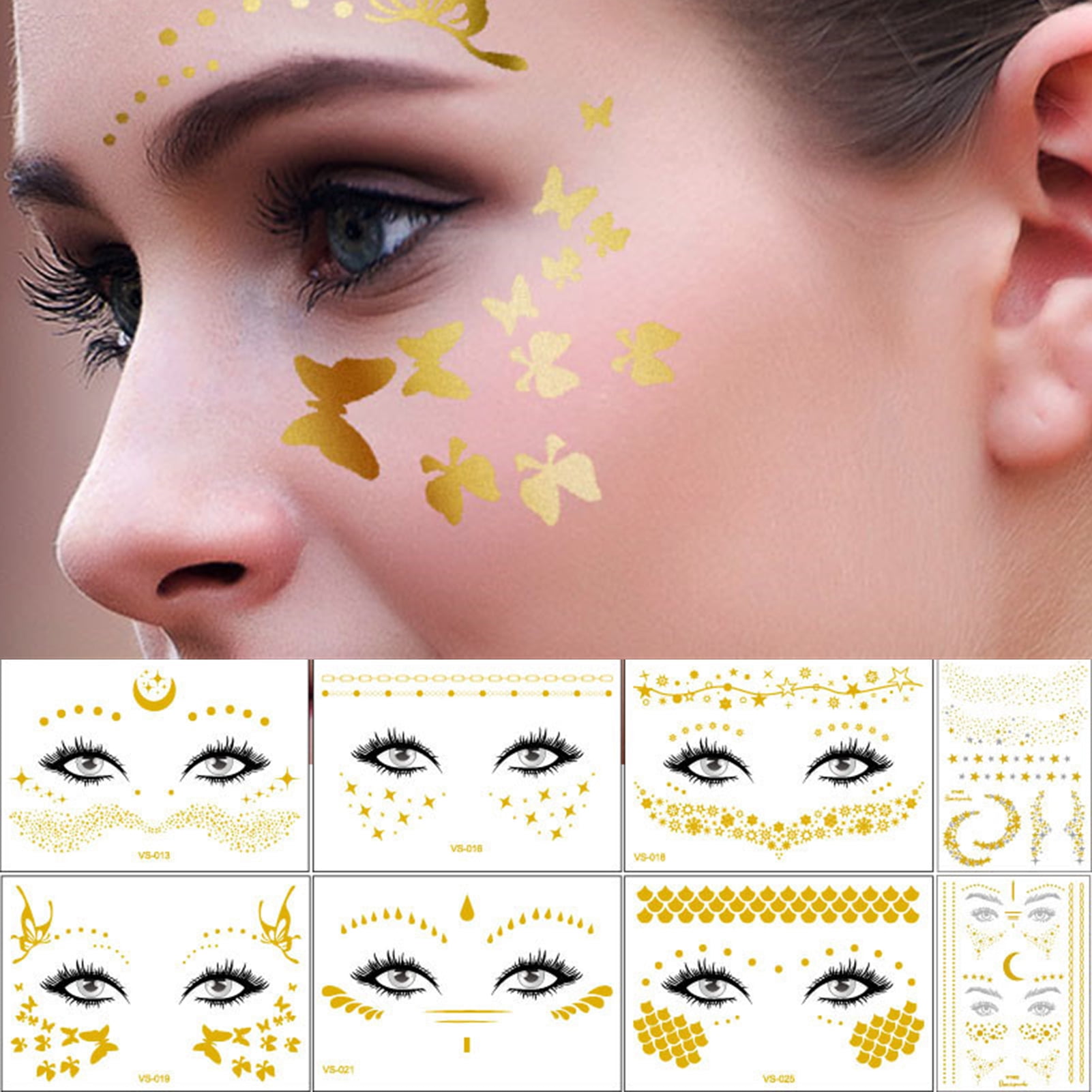 Cheers US 8Pcs/Set Face Metallic Temporary Tattoo Sticker, Face Gold ...