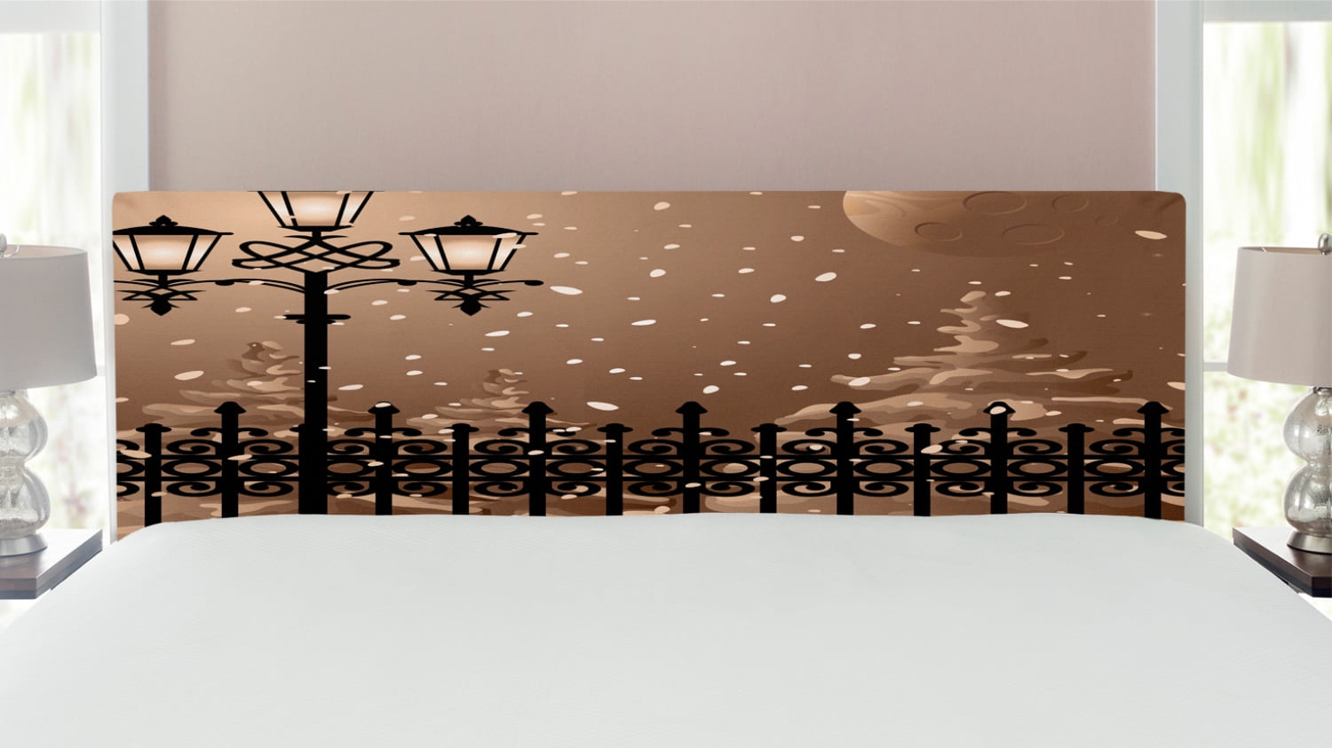 Lantern Headboard, Frozen Scenery Iron Fences City Evening Snow and ...