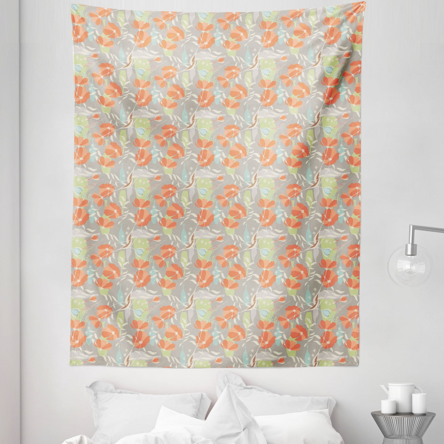 Floral Tapestry, Romantic Poppy Flowers with Leafy Stems in Vases ...