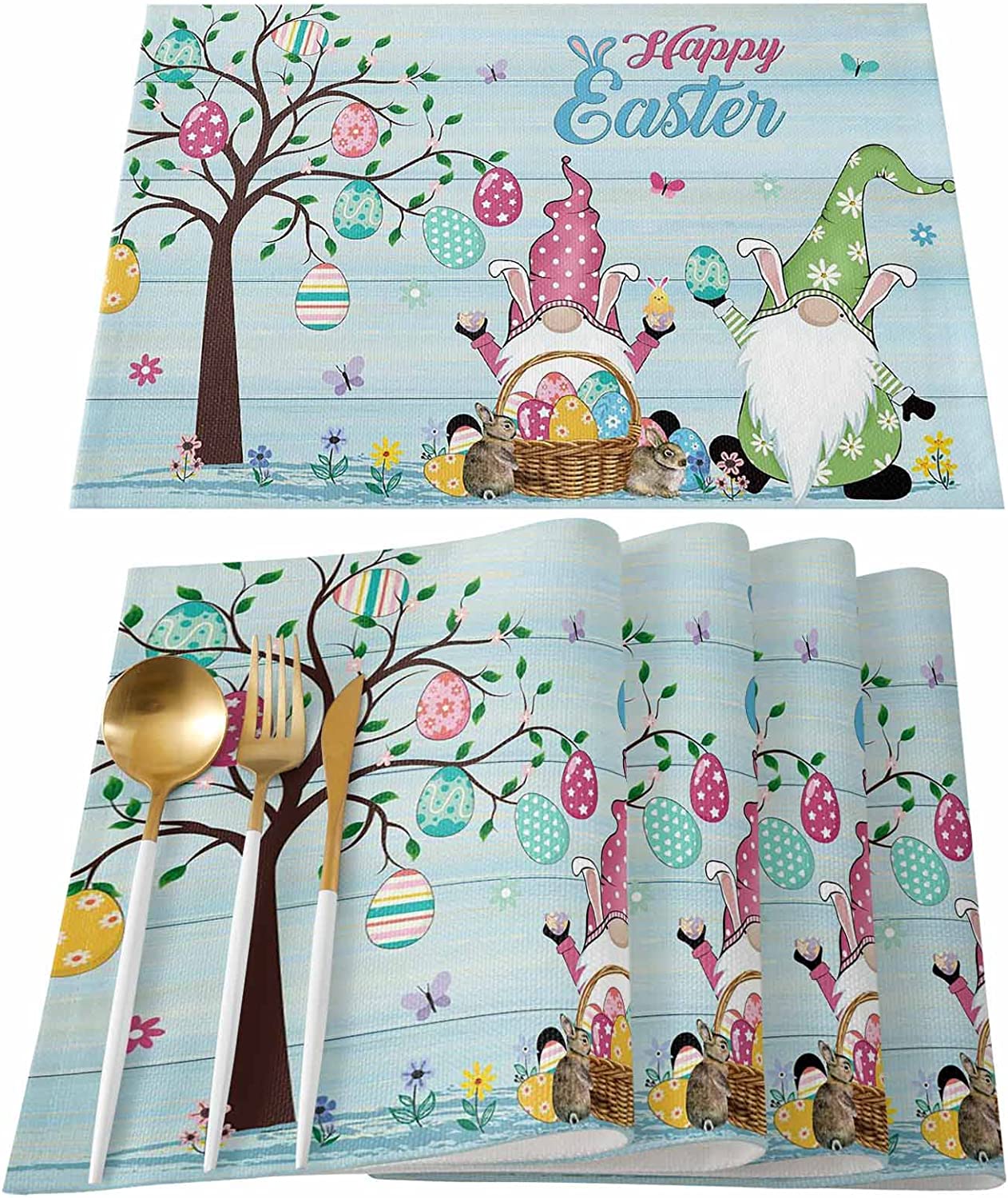 SPXUBZ Easter Placemats, Blue Easter Gnome Egg Tree 18x12 Inch ...