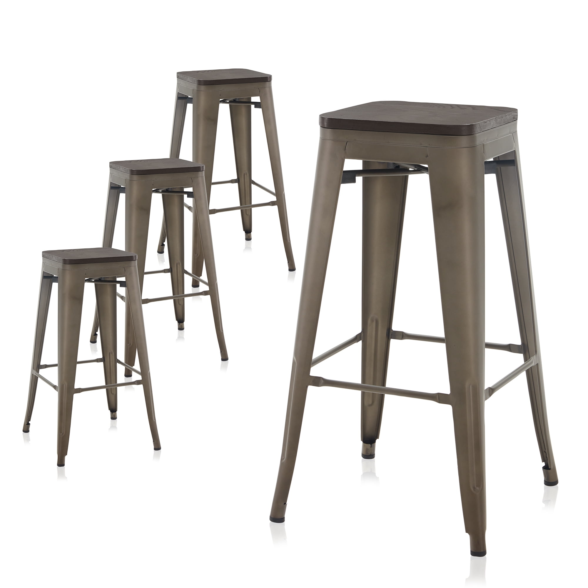 BELLEZE Set Of 4, 30Inch Metal Bar Stools Dining Chairs With Wood Seat ...