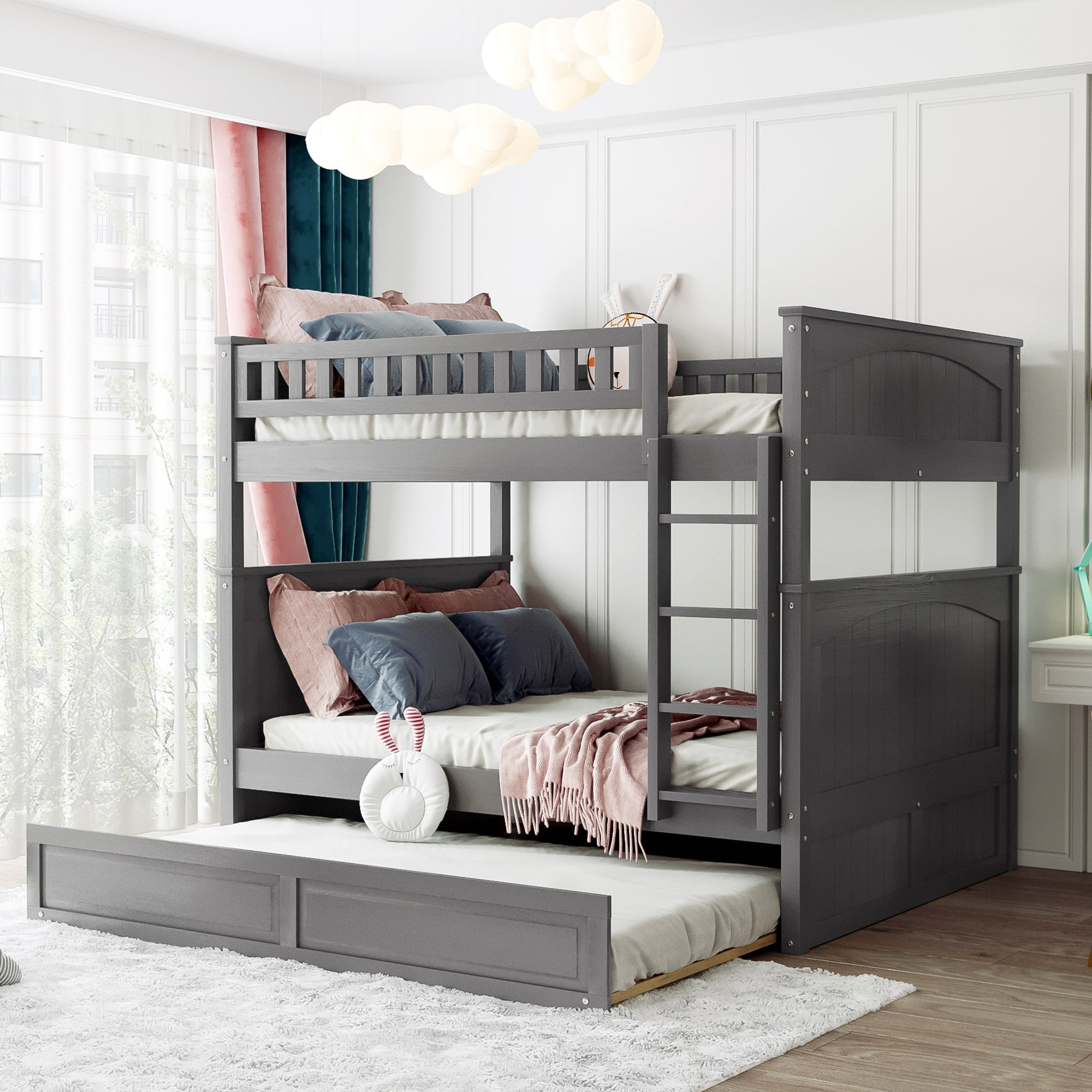 Full Over Full Bunk Bed with Trundle, Solid Wood Bunk Bed Frame with ...