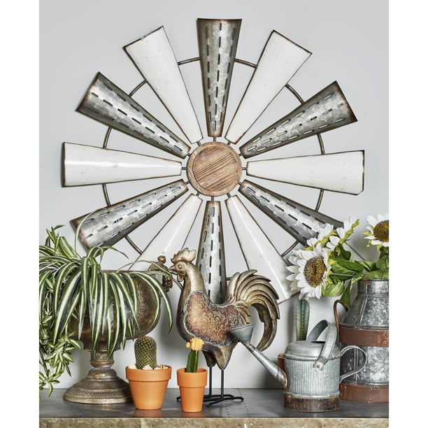 DecMode White Metal Windmill Wall Decor with Galvanized Metal Accents ...