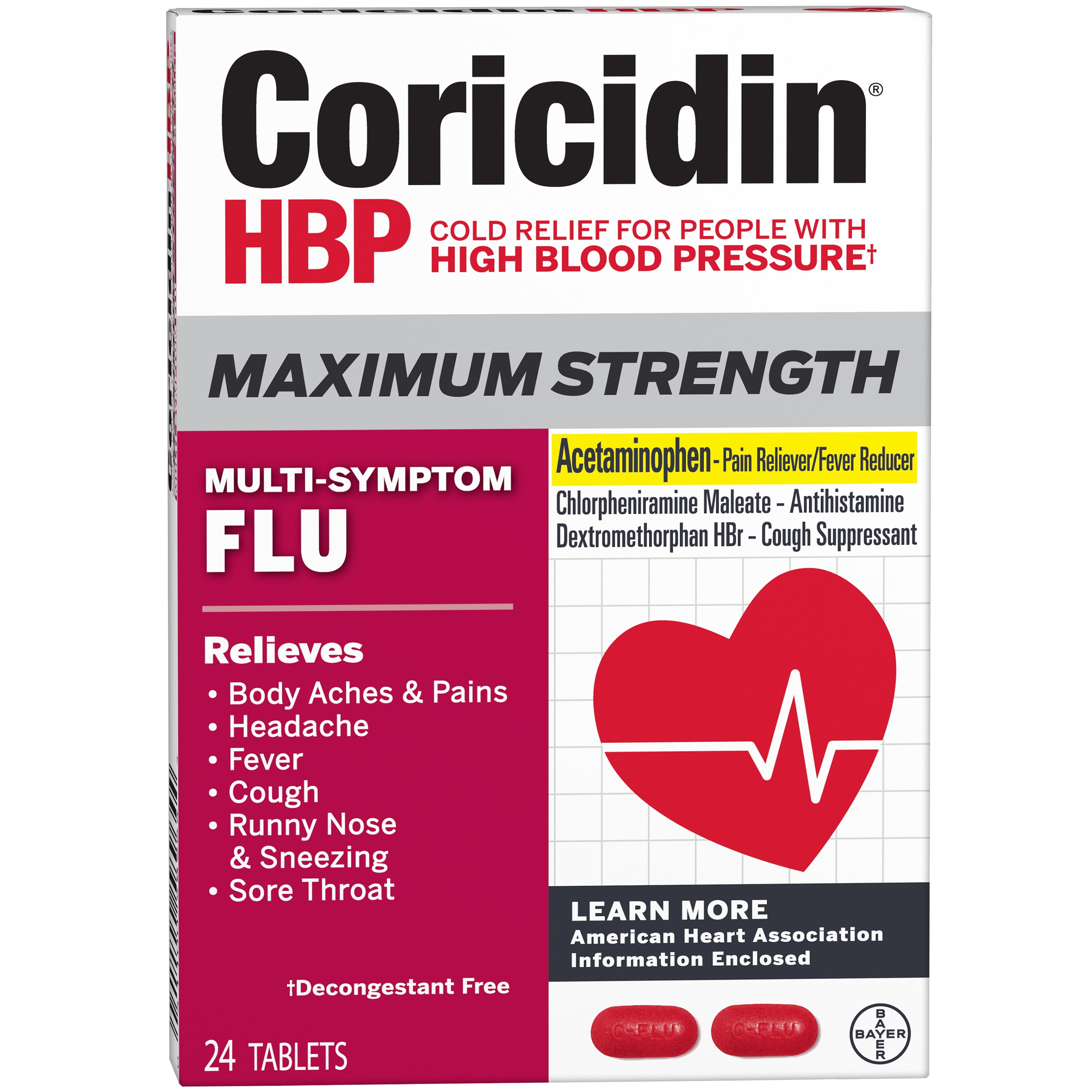 Coricidin HBP Maximum Strength Multi-Symptom Flu Medicine, Tablets, 24 ...