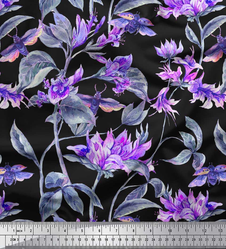 Soimoi Satin Silk Fabric Leaves,Insects & Wild Flower Print Fabric by ...