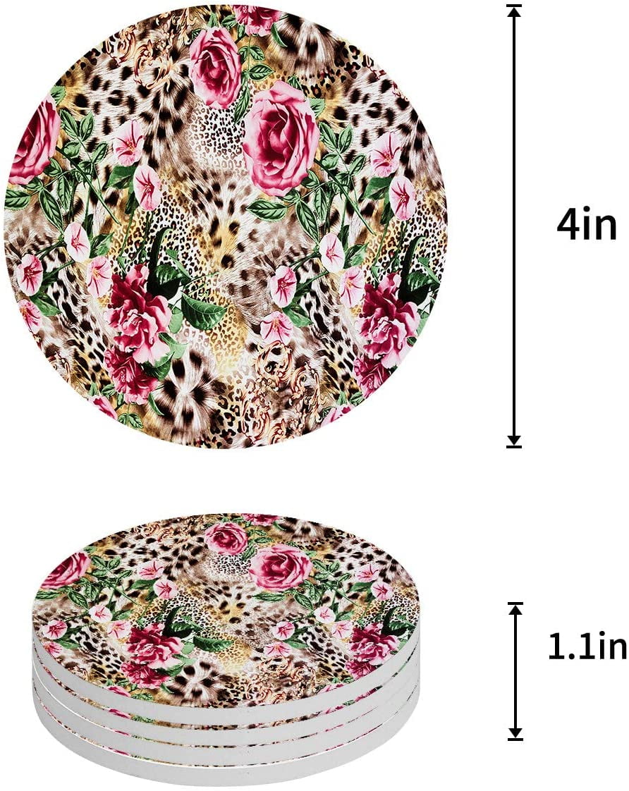 ZHANZZK Rose Leopard Print Set of 8 Round Coaster for Drinks, Absorbent ...