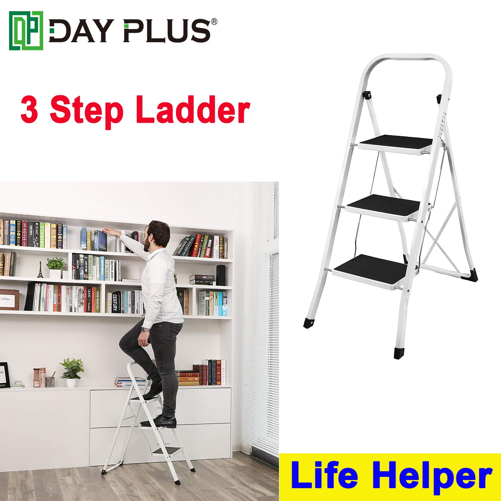 Dayplus Lightweight Sturdy 3 Step Steel Ladder, Folding Step Stool, 300 ...