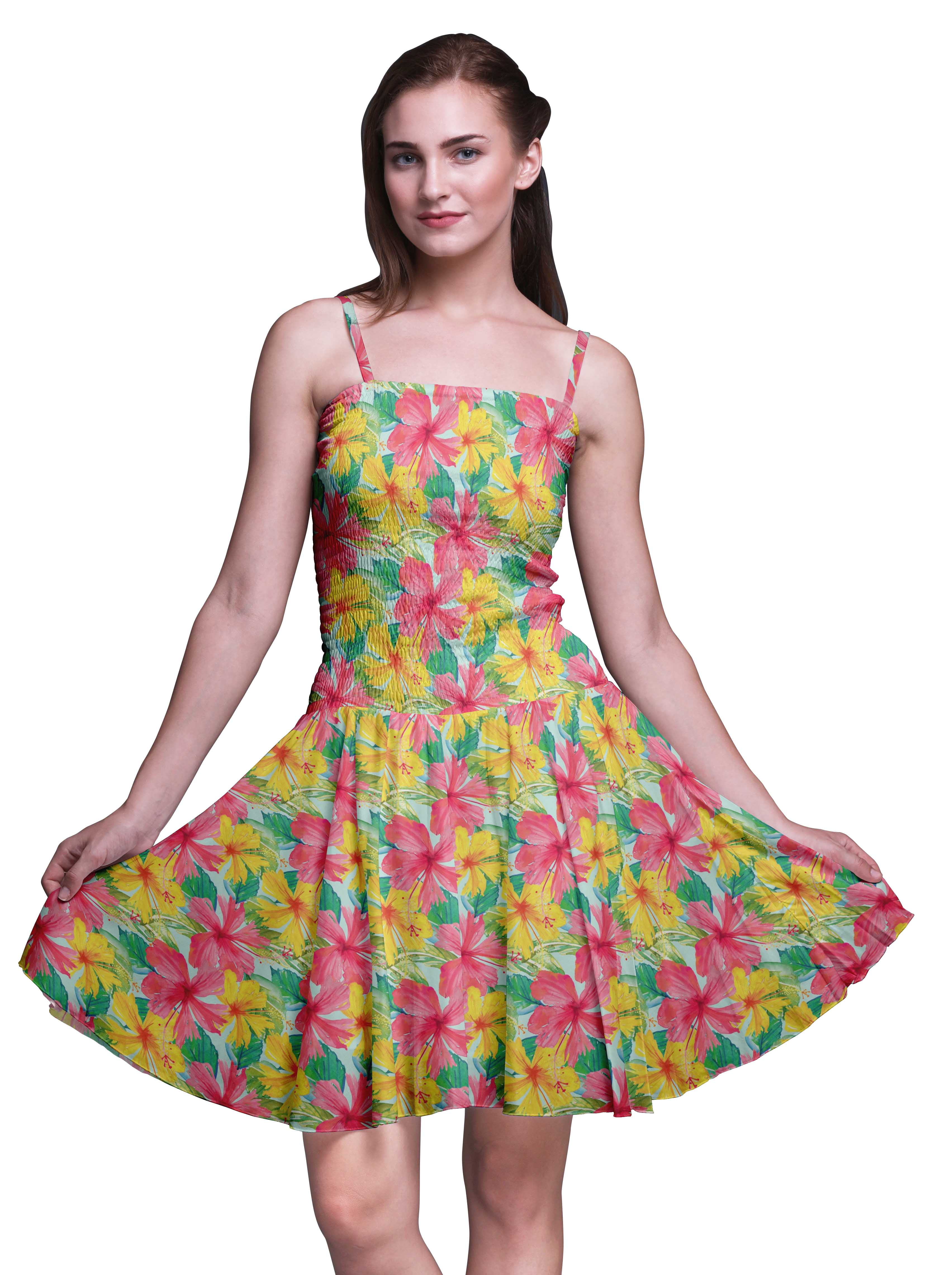 Bimba Floral Ladies Smocked Waist Mini Sun Dress Printed Summer Holiday ...