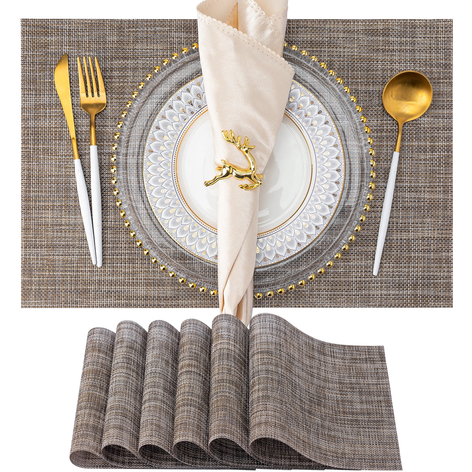 Koncle Placemats Set of 6 Washable Indoor/Outdoor Vinyl Place Mats for ...