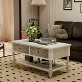 COSIEST Vintage Rectangular Coffee Table w Drawers, Farmhouse 2 Tier Small Wood Coffee Table ...
