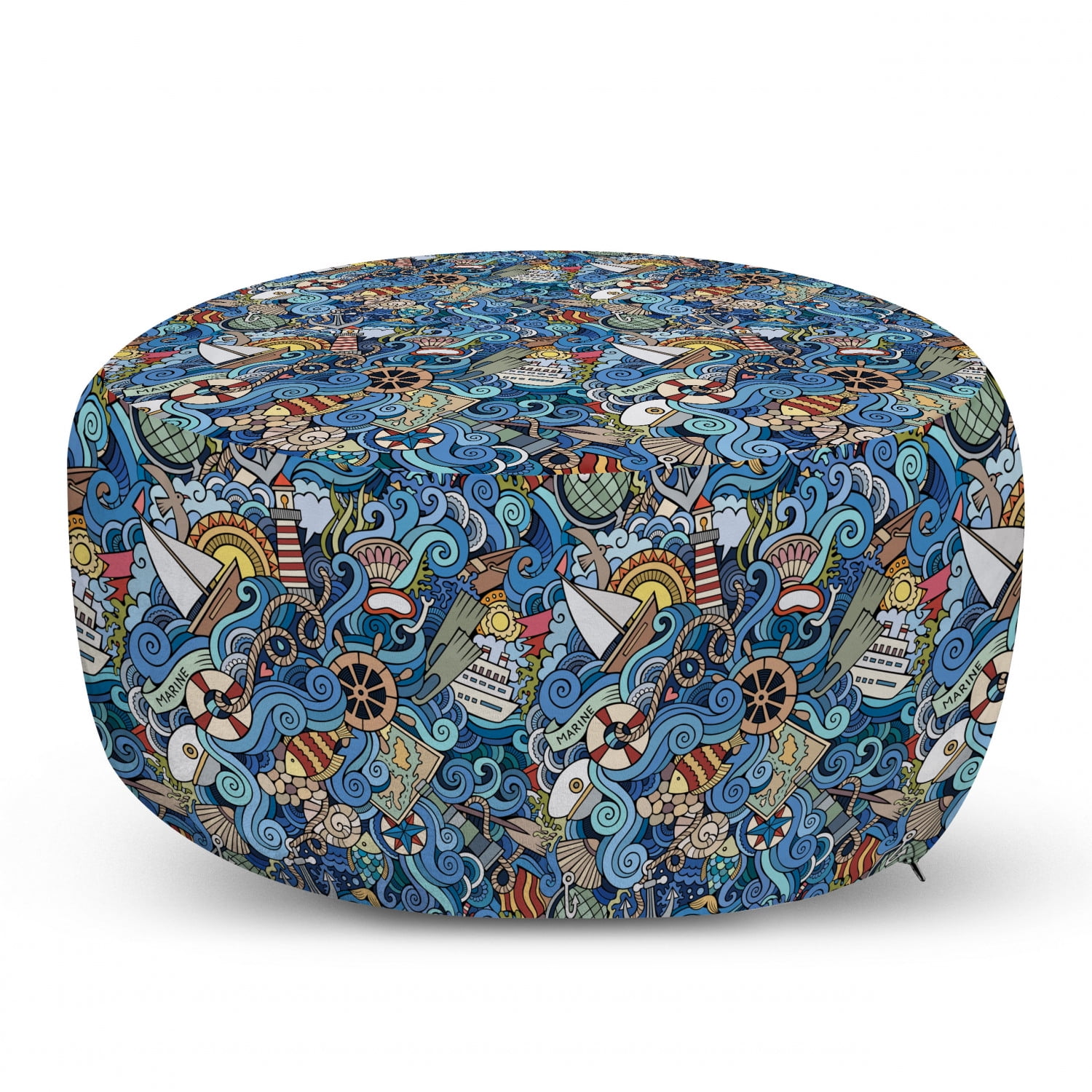 Nautical Pouf Cover with Zipper, Abstract Pattern Sea Shells Sea Horse ...