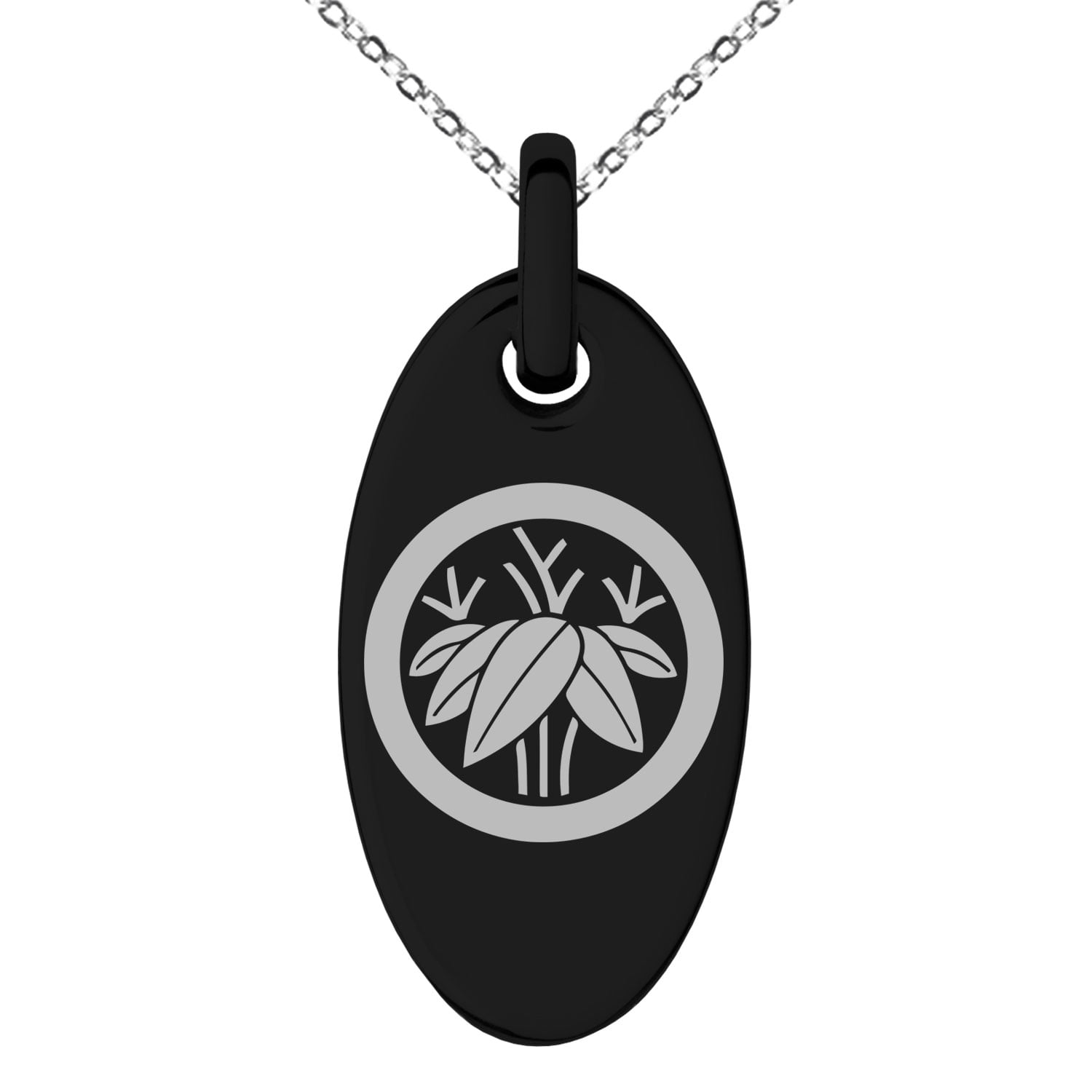 Stainless Steel Bamboo Kamon Crest Engraved Small Oval Charm Pendant ...