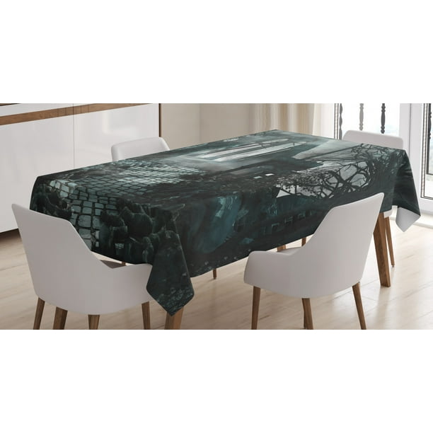 Gothic Decor Tablecloth, Full Moon Light over Medieval Temple Ruins at ...