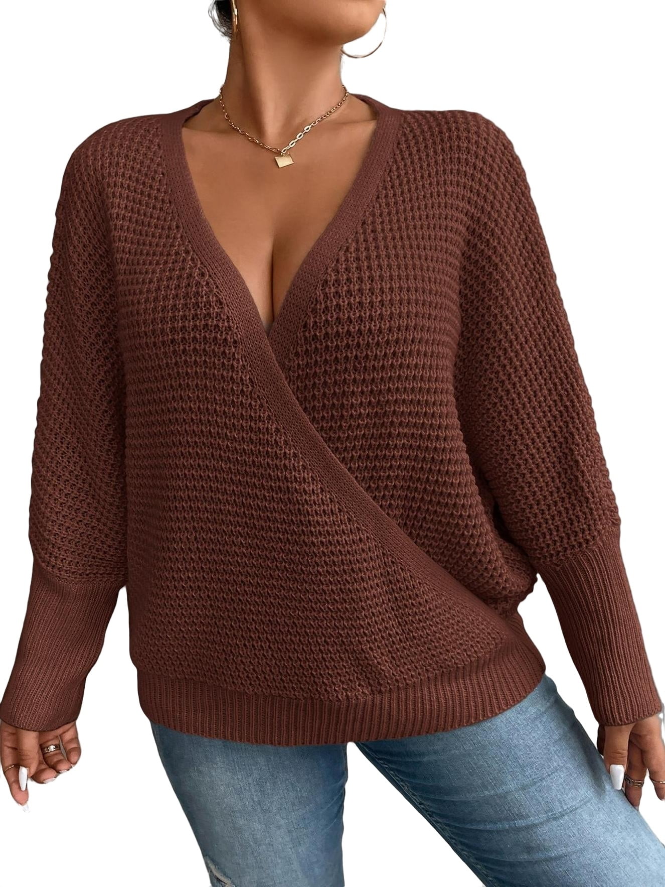 Casual Plain Deep V Neck Pullovers Long Sleeve Coffee Brown Plus Size ...