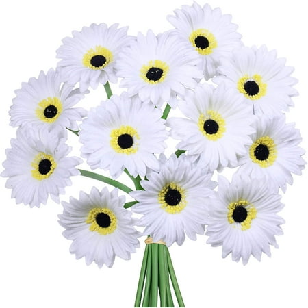 12 pcs Artificial White Gerbera Daisy Flowers Faux Daisy Stems PU Real ...