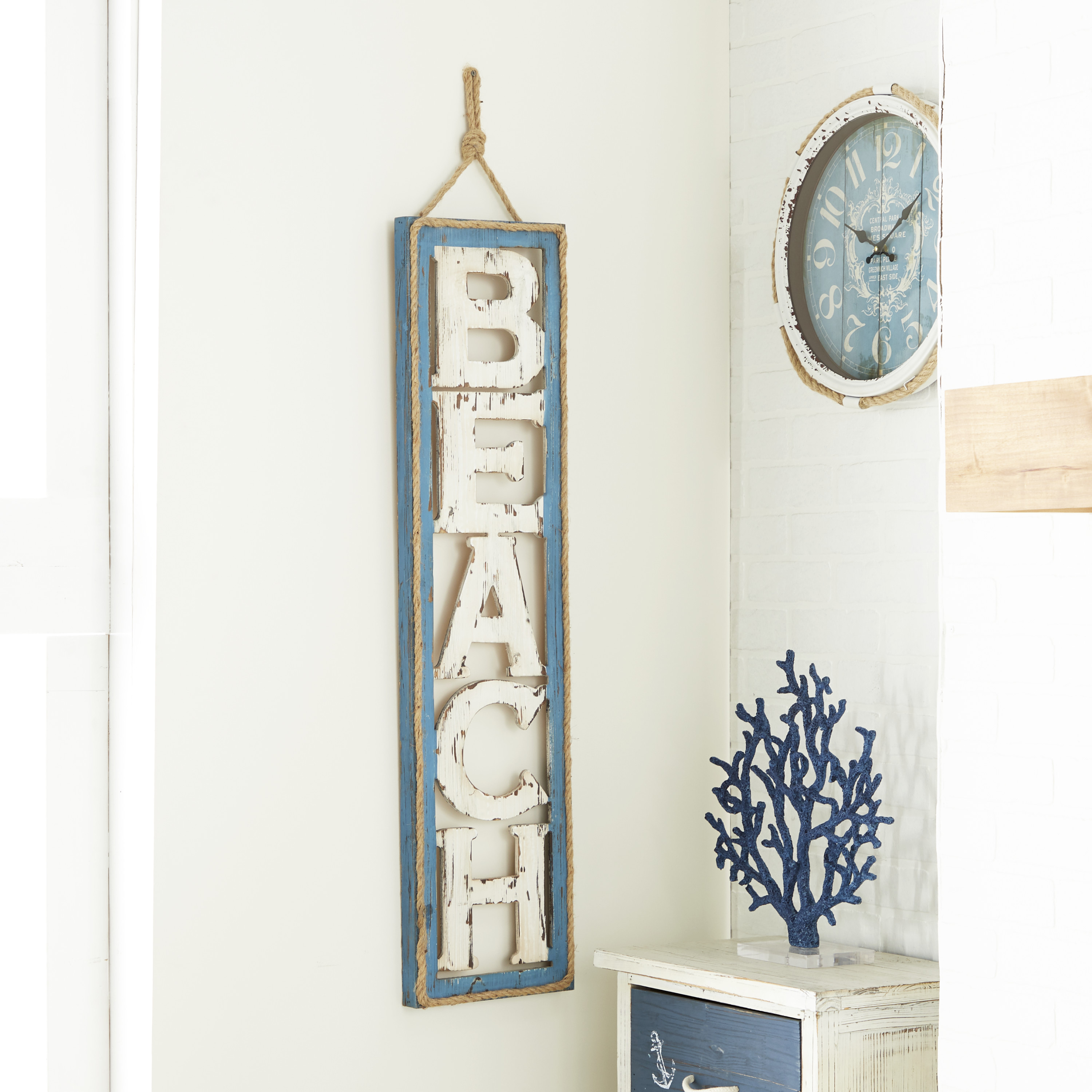 DecMode Beige Wood Beach Sign Wall Decor with Rope Hanger - Walmart.com