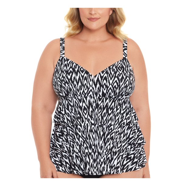 Swim Solutions Womens Black Printed Tummy Control Tiered Fauxkini Deep