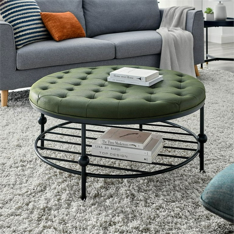 Partner Furniture 36 Round Faux Leather Tufted Cocktail Ottoman in Green