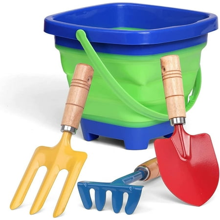 Beach Sand Toy Set Kit with Foldable Buckets Pails, Beach Metal Shovels ...