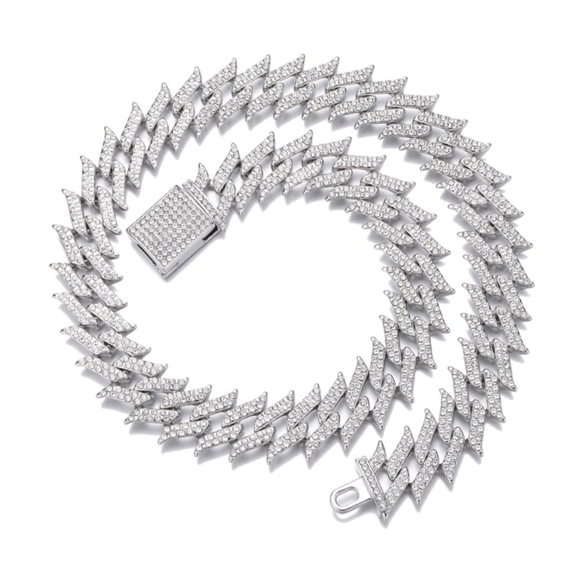 FEEL STYLE Male Zircon Silver Plated Spike Cuban Chain Necklace for Men ...