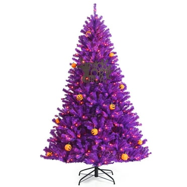 Costway 6ft Pre-lit PVC Christmas Halloween Tree Black w/ 250 Purple ...