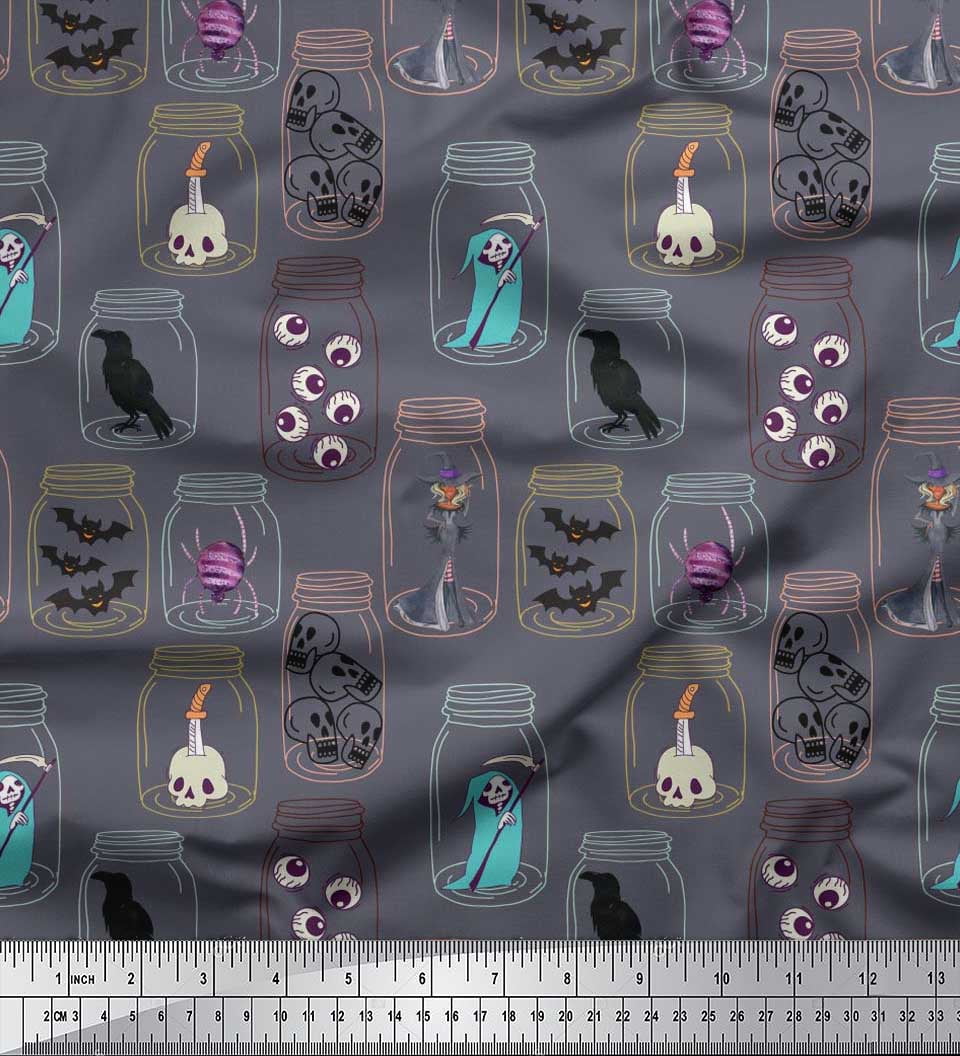 Soimoi Japan Crepe Satin Fabric Ghost,Skull & Witch Halloween Printed ...