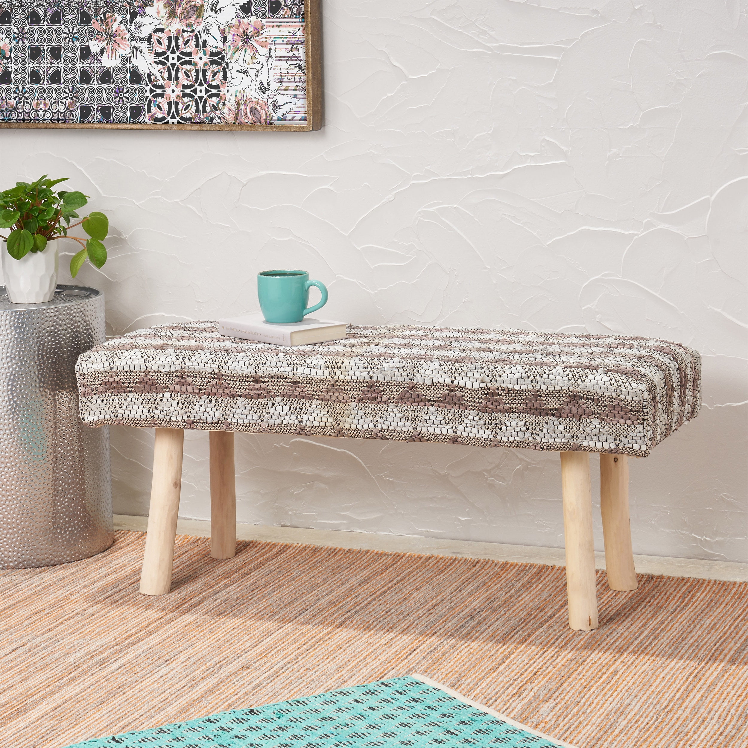 Noble House Anamta Handcrafted Boho Leather and Cotton Rectangular ...