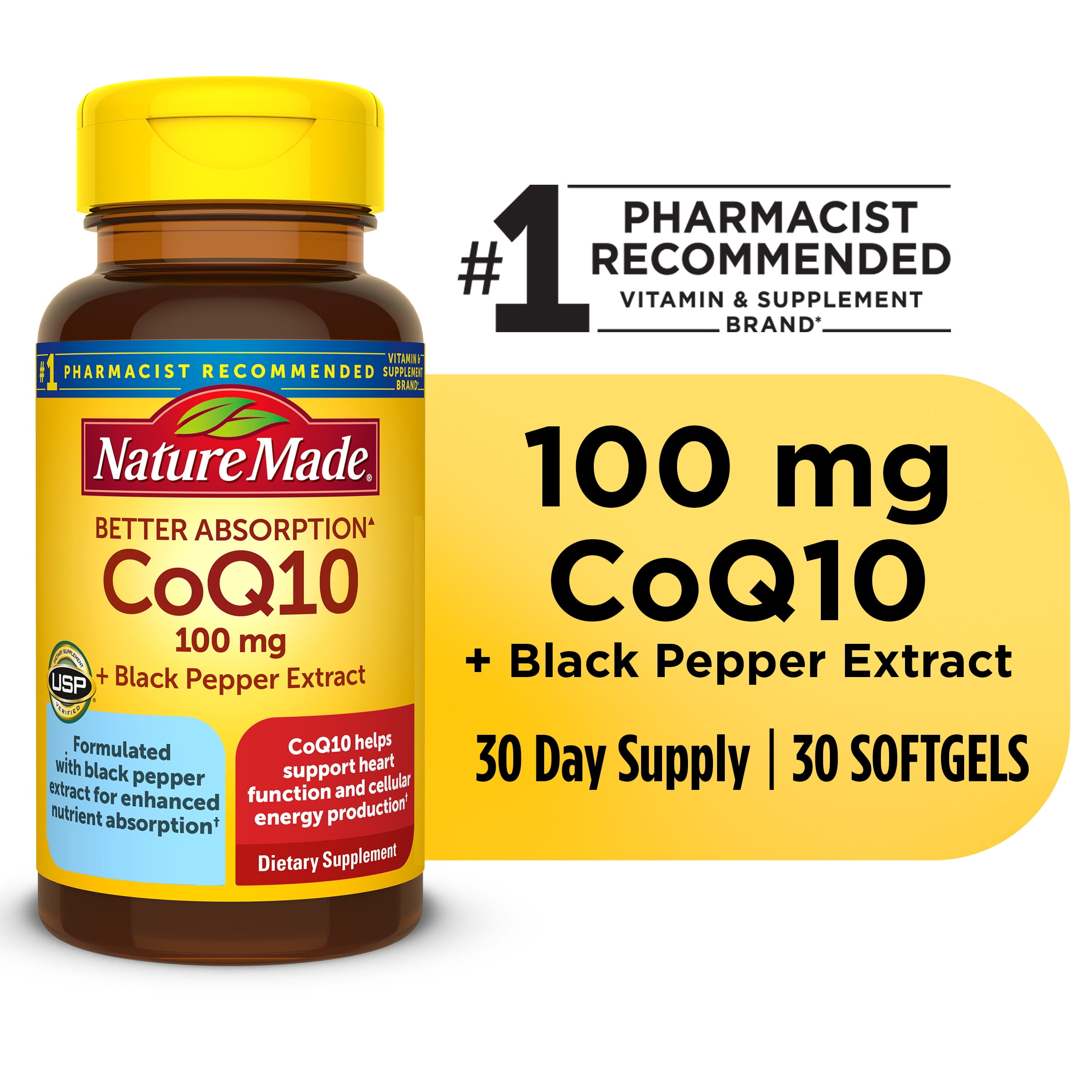 Nature Made CoQ10 100mg with Black Pepper Extract Softgels, Dietary Supplement, 30 Count ...