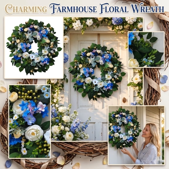 Front Door Decor, 24 Inch Blue Hydrangea Wreath, Eucalyptus Wreath ...