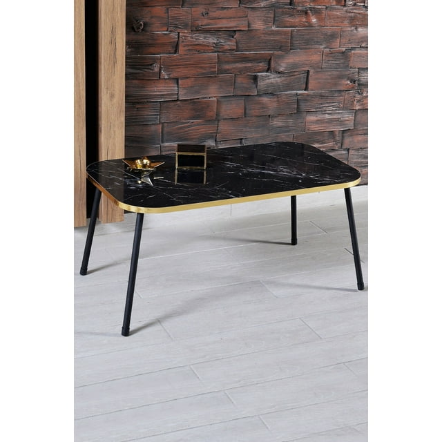 White Coffee Table with Black Metal Legs,Coffee Table with Gold Side ...