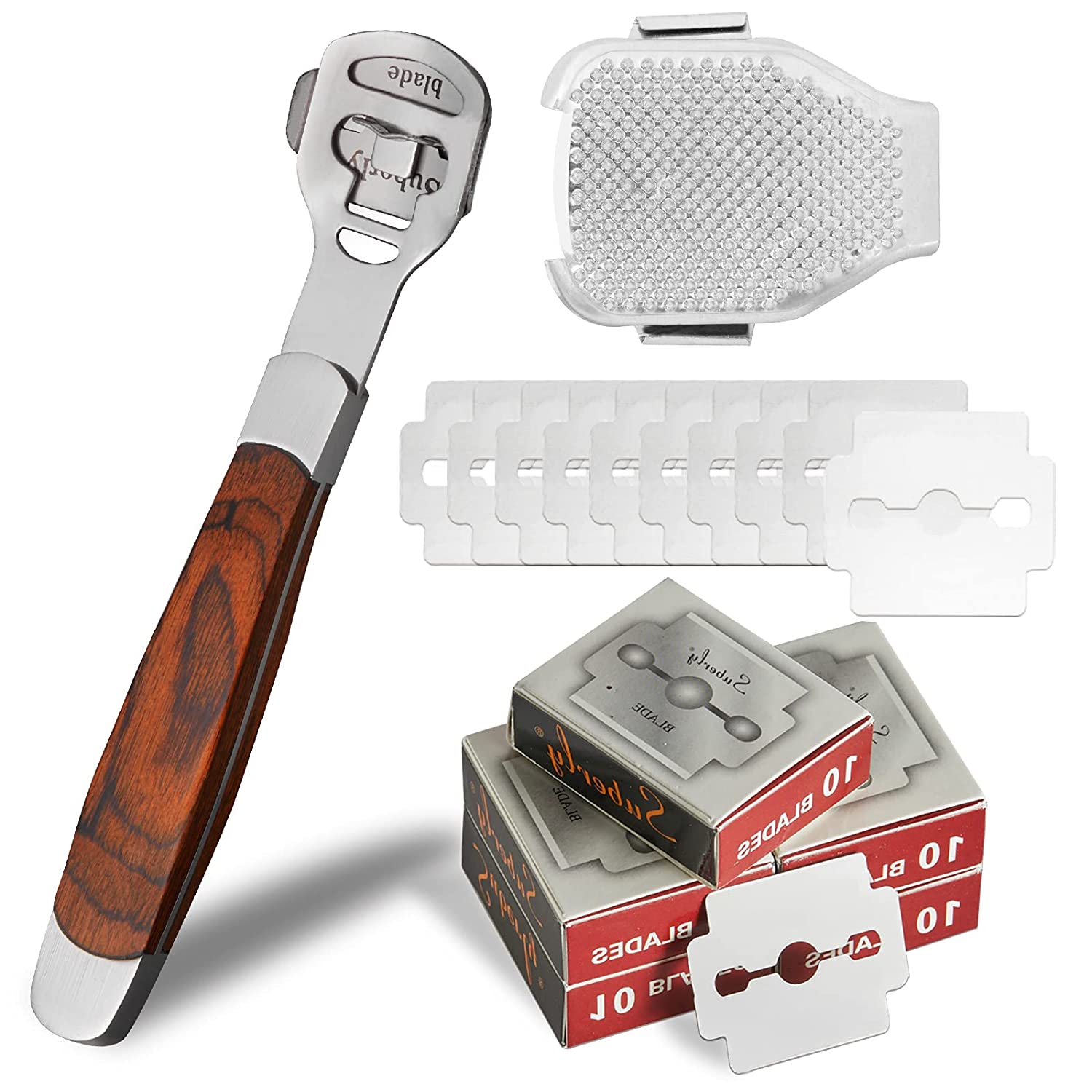 52Pcs Callus Shaver Set,1Stainless Steel Foot Razor Wooden Handle with ...