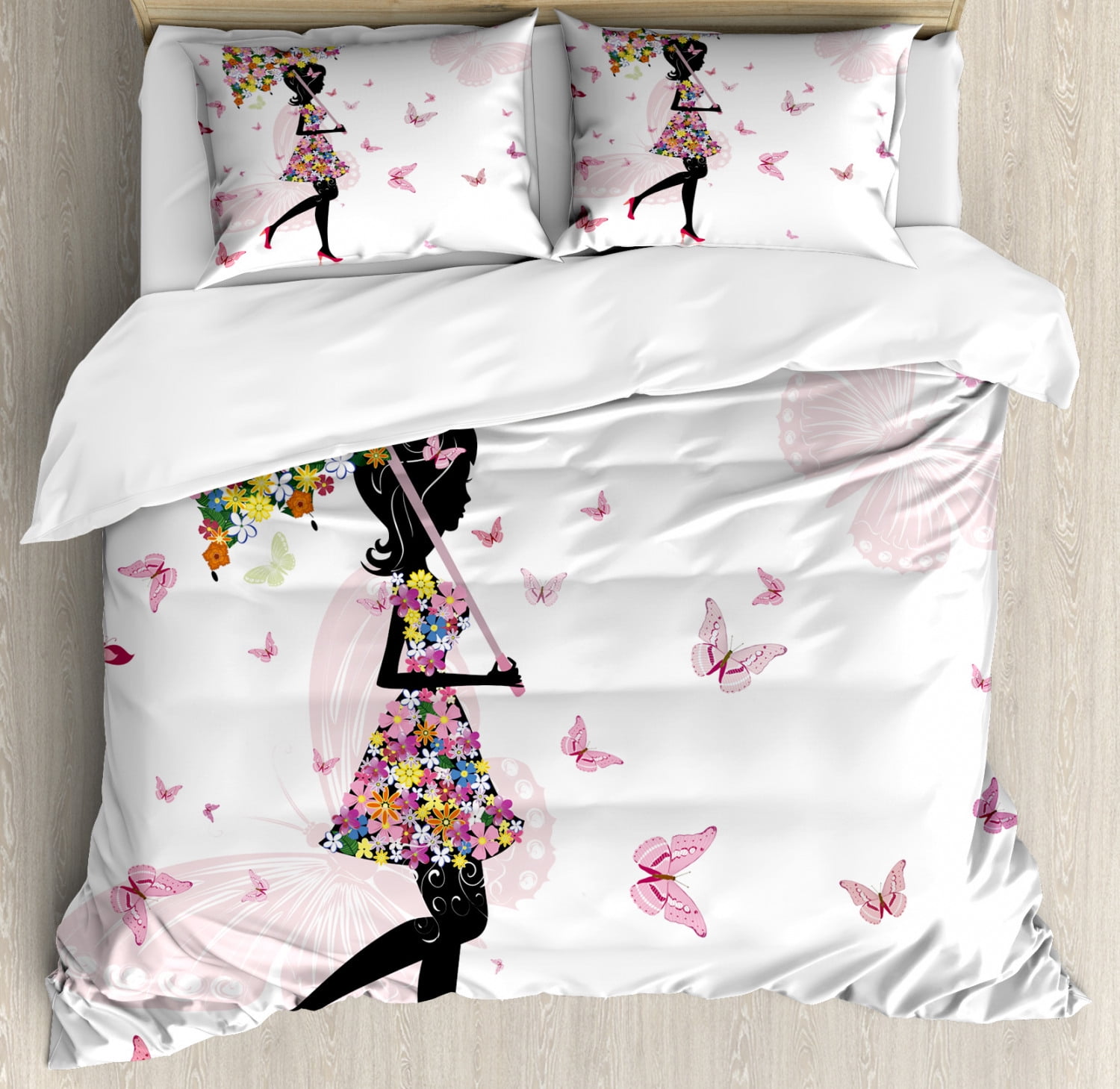 Girls Queen Size Duvet Cover Set, Girl with Floral Umbrella and Dress ...