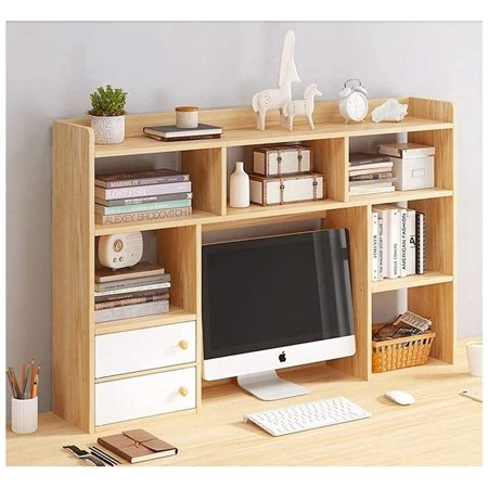 Wooden Desktop Bookshelf, with 2 Drawers, countertop Bookcase, Computer ...