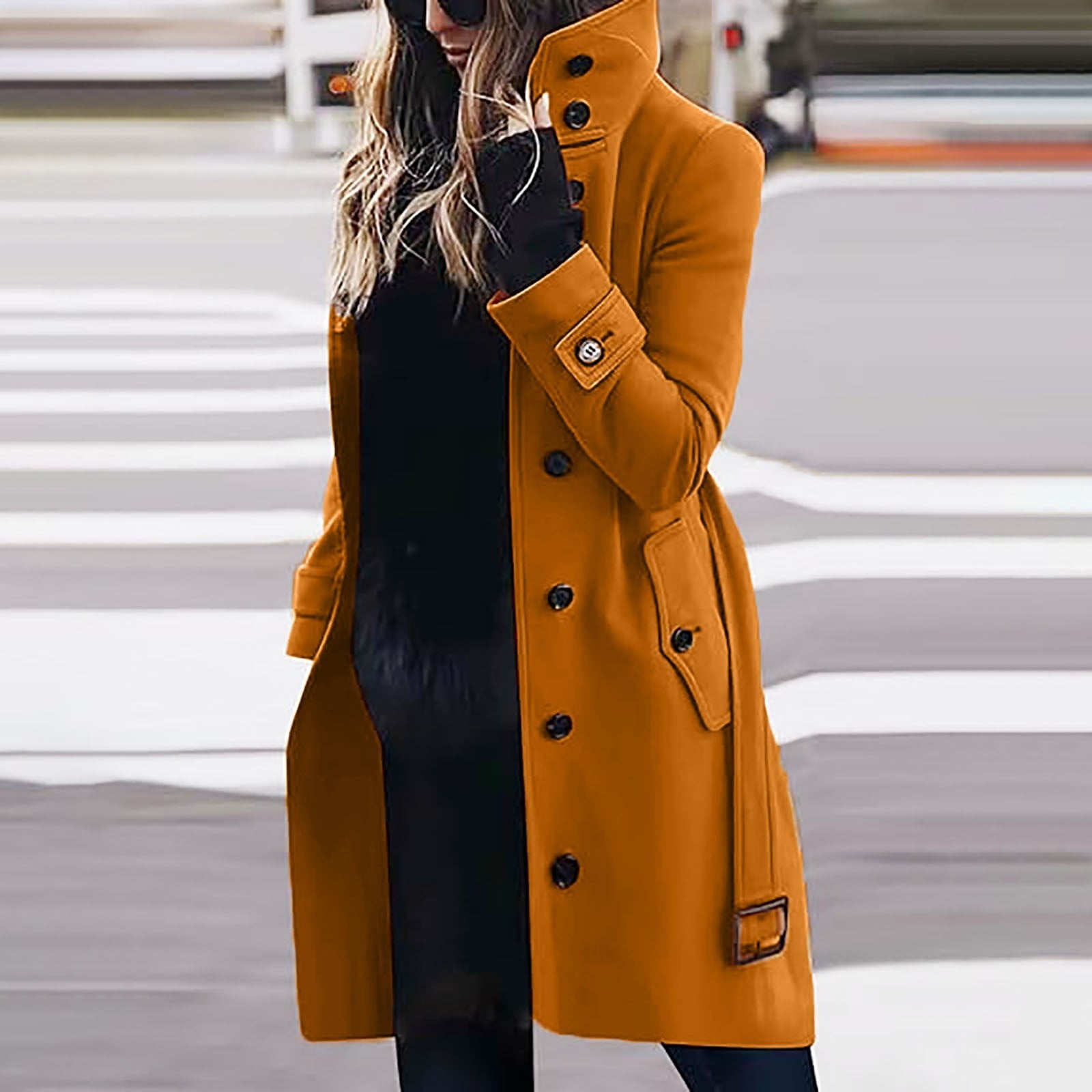 XDDST Yellow Jacket for Women Single Stand Up Wool Coat Business Casual ...