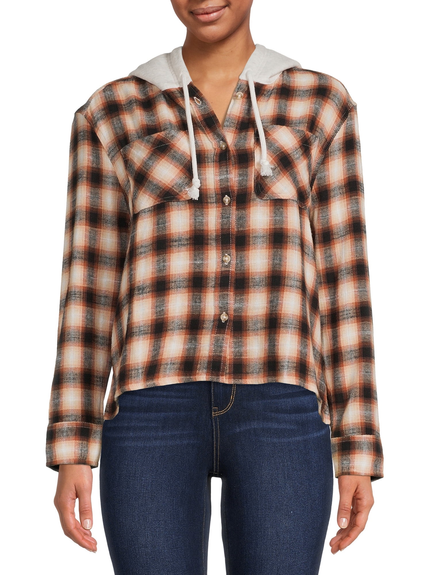 Time And Tru Women's Crop Hooded Flannel - Walmart.com