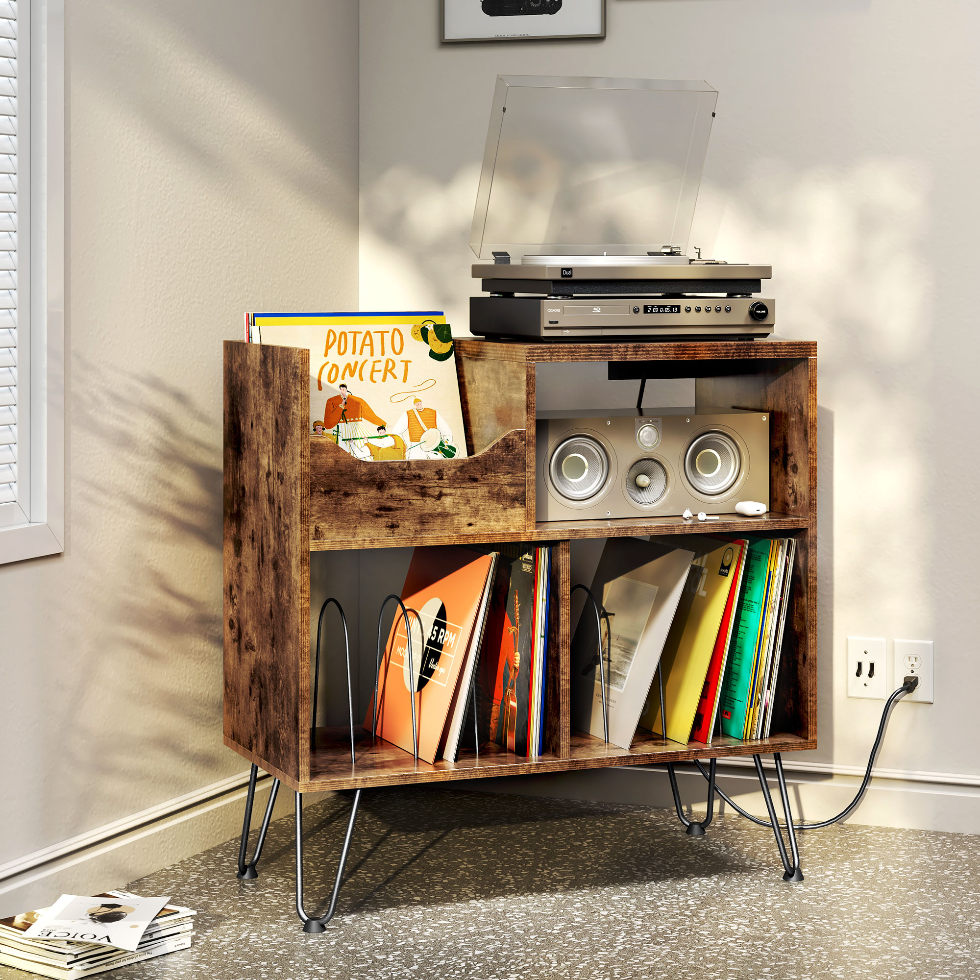 Hommpa Turntable Stand Brown Record Player Stand with Vinyl Storage and ...