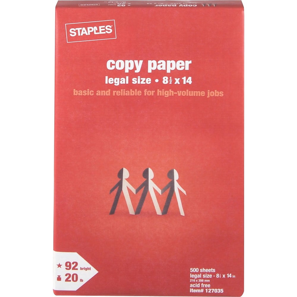 Staples 8 5 X 14 Copy Paper 20 Lbs 92 Brightness 500 RM 127035 08635 staples-8-5-x-14-copy-paper-20-lbs-92-brightness-500-rm-127035-08635